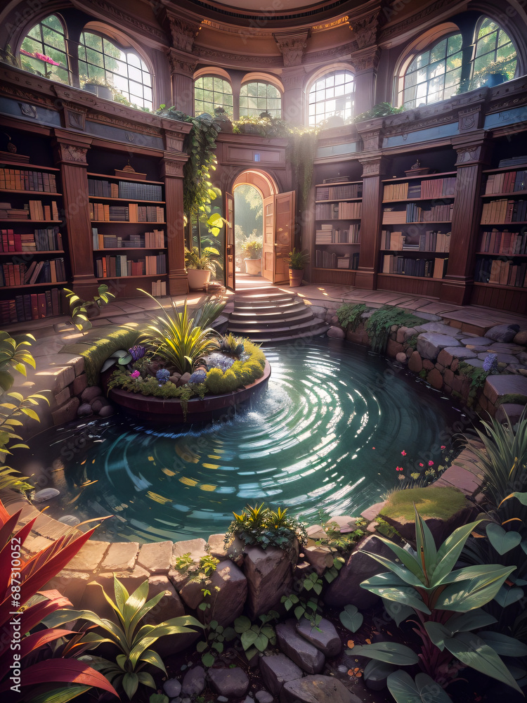 Serenity of knowledge amidst nature's beauty at our library with a pond ...