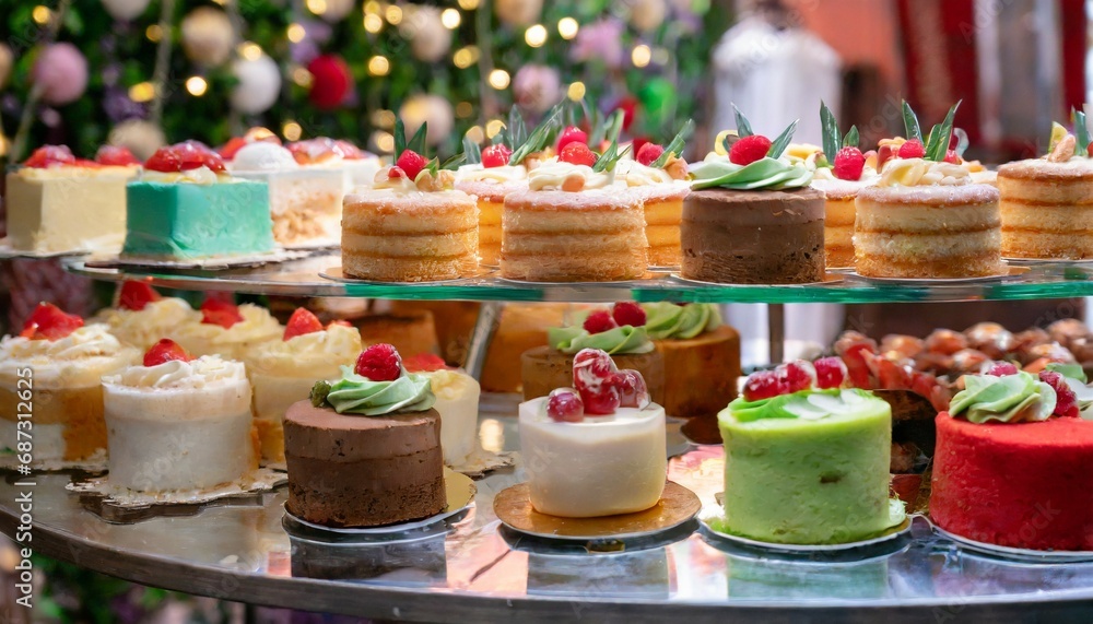 sweet and cute whole cakes lined up in a showcase full of various kinds ...