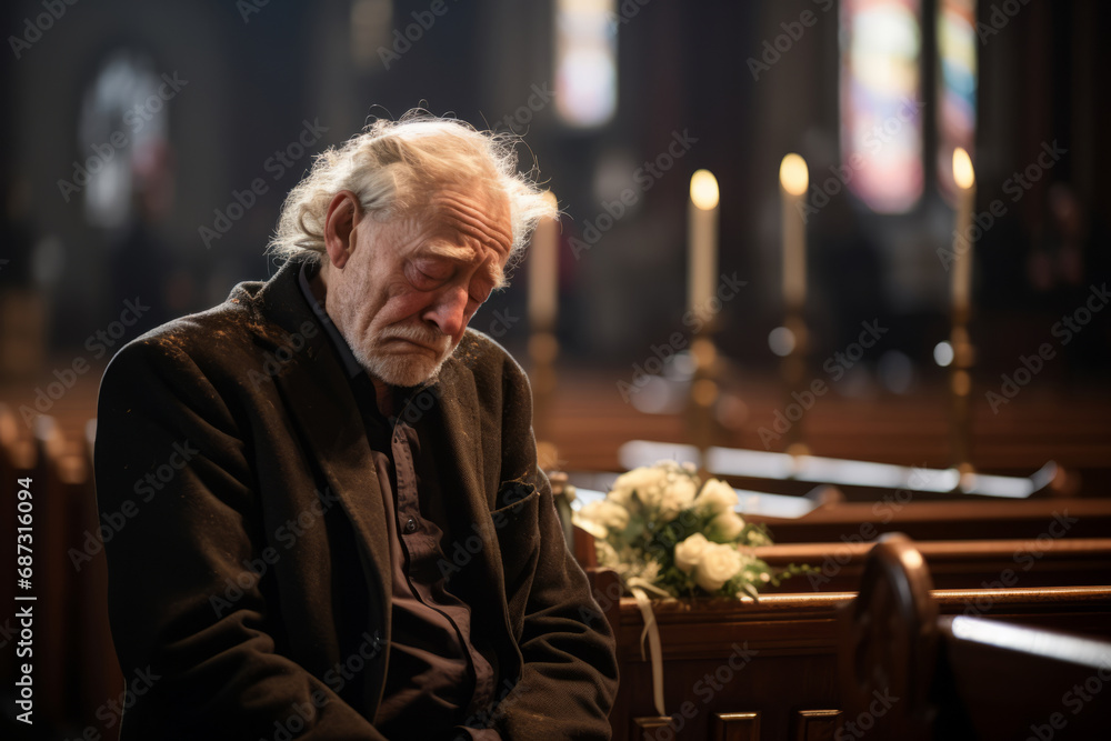 Sad, funeral and elderly man crying in church for God, holy spirit or ...