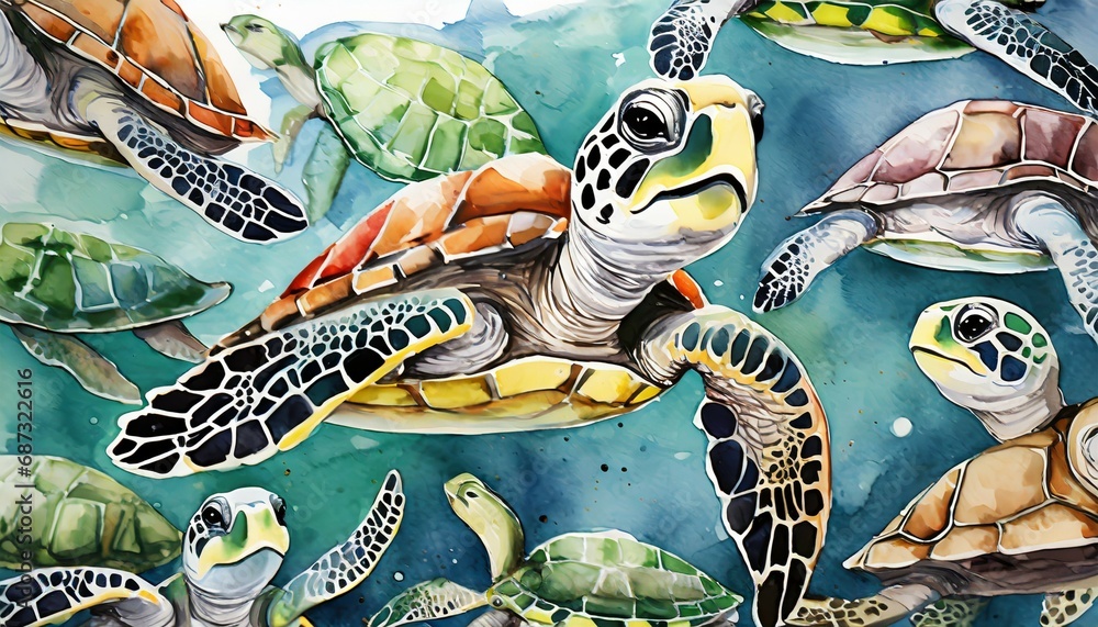 set of funny cartoon sea turtles background sea turtle watercolor ...