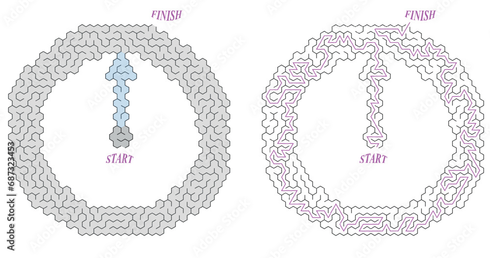 Maze inside a shape of the clock icon. Vector flat timekeeper with ...