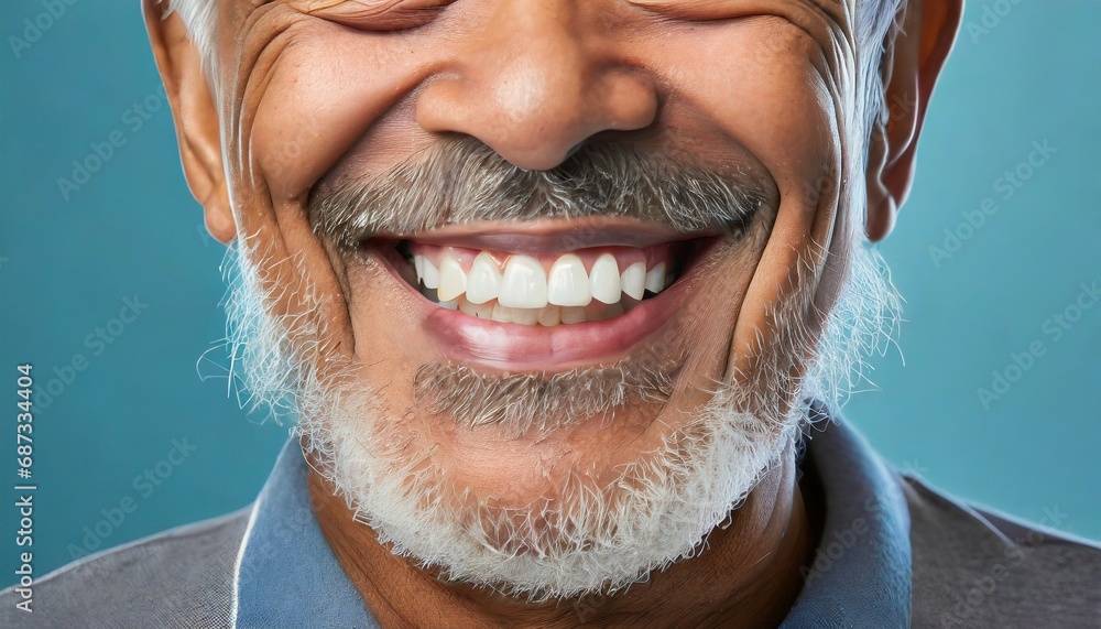 cropped smile of an elderly man with a gray beard and perfect teeth and ...