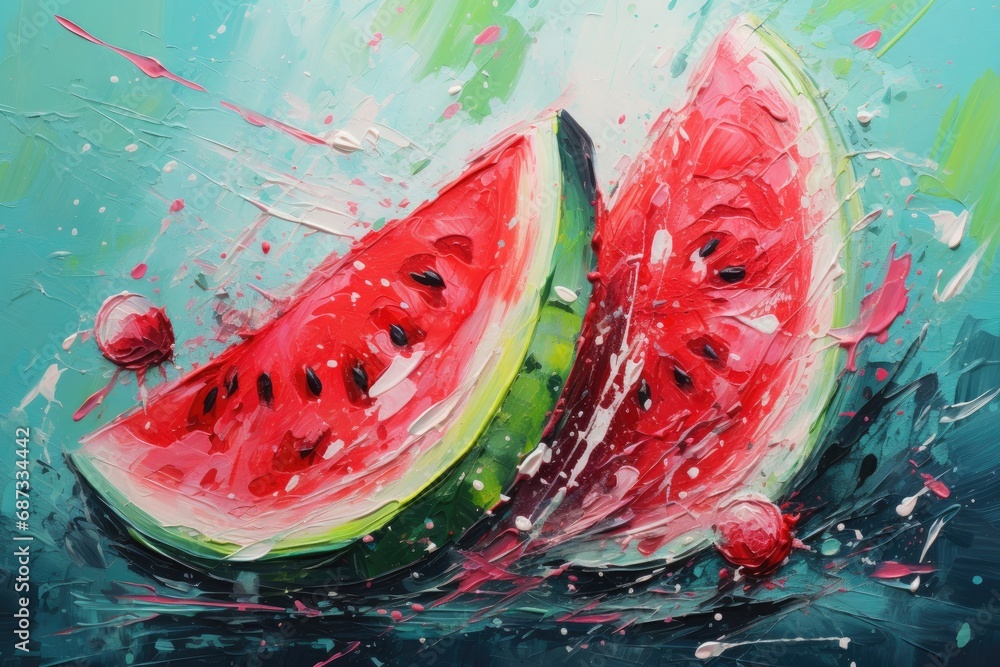 palette knife textured painting watermelon illustration Sliced ...