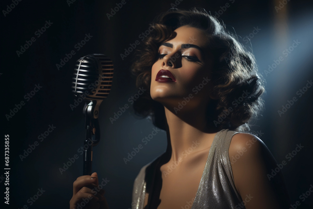 female jazz singer, vintage microphone, spotlight effect, sultry ...