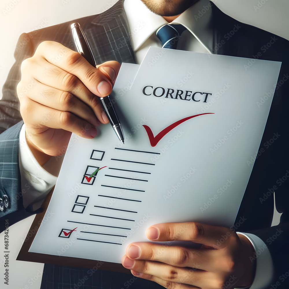 Businessman using a pen to tick a correct sign mark on a checklist ...