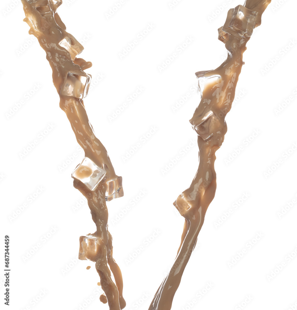 Milk Tea fall ice cube cool pouring down in Shape form line. Milk Ice ...