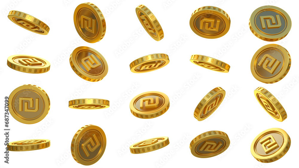 3D rendering of set of abstract golden Israeli Shekel coins concept in ...