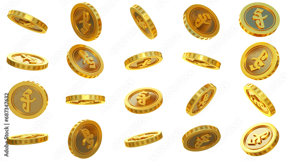 3D rendering of set of abstract golden Cambodian riel coins concept in ...