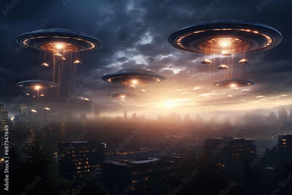 UFO Armada over downtown. giant alien spaceships over the city. UFO ...