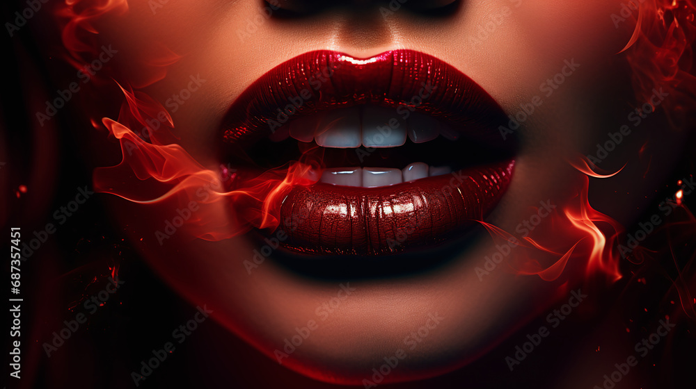 Close-up of red glossy lips with flames wrapping around them, embodying ...