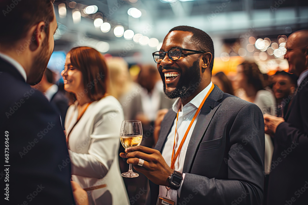 Happy businessman laughing while holding drink glass during networking ...