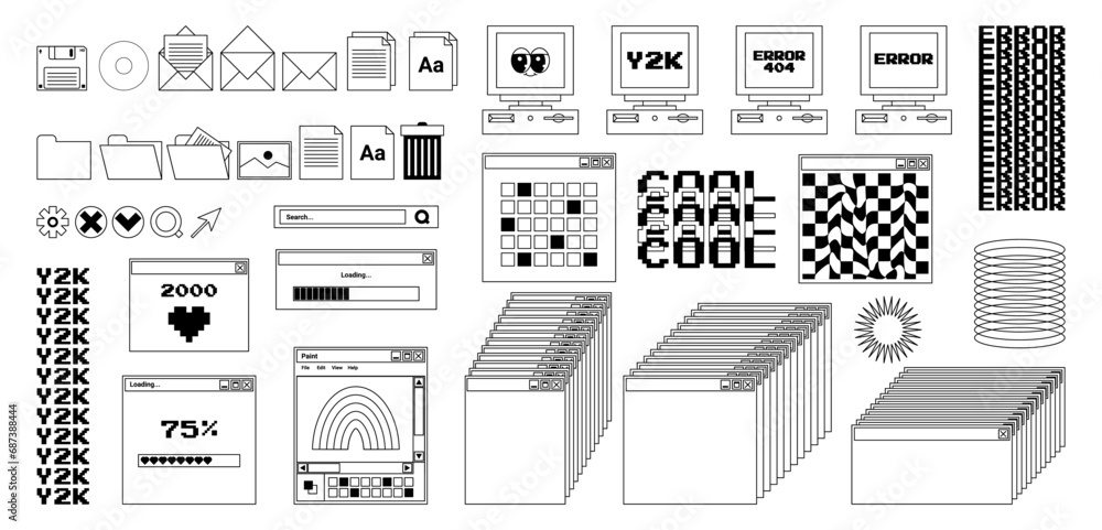 User Interface y2k stickers. Retro icon browser, buttons, screen ...