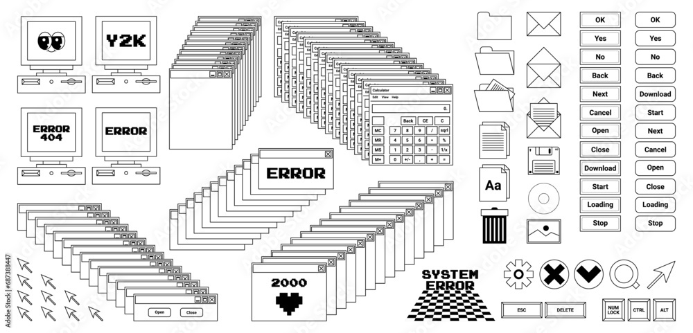 User Interface y2k stickers. Retro icon browser, buttons, screen ...