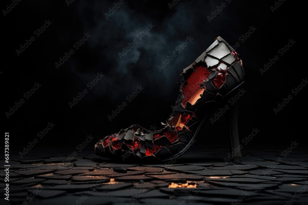 Black high heel shoe with broken glass on dark background with smoke ...