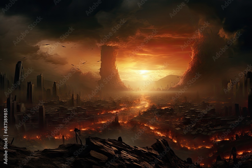 Fantasy landscape with burning city in the night. 3D rendering, World ...