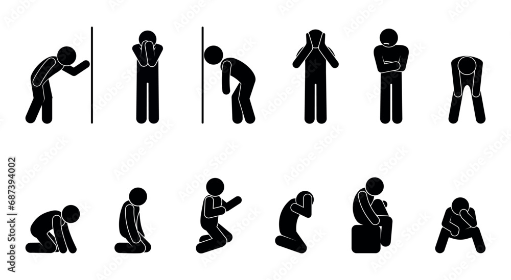 sad man icon, collection of depressed people, stick figure, isolated ...