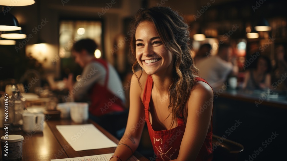 profile view of a hostess in a red apron cleaning a table customer's ...
