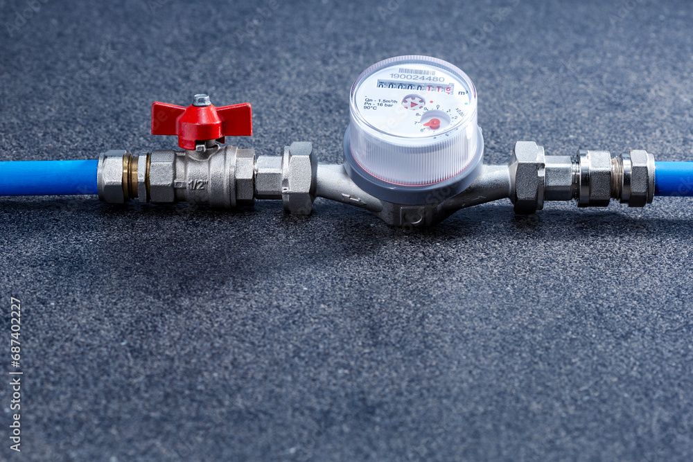 Water meter. Sanitary equipment. Water pipe, valve and water meter ...