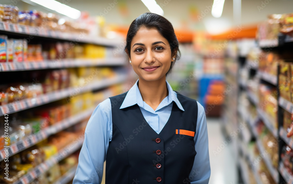 Cute hindu sales girl standing in a grocery store. Beautiful indian ...