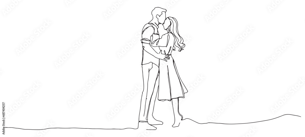 outline of couple standing facing kiss forehead. minimalist man woman ...