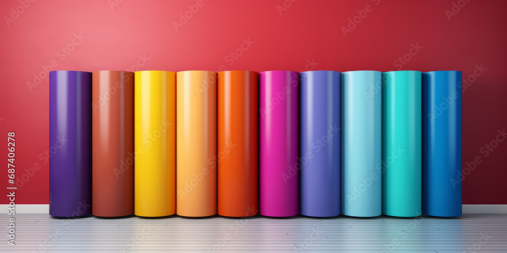 rolls of colored wallpaper with images of different colors 3d rendering ...