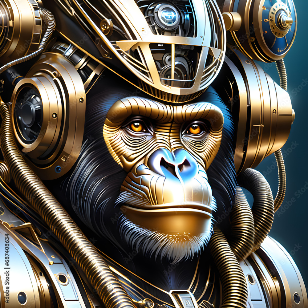 This portrait of a chimpanzee is a robot steampunk, biomechanical ...