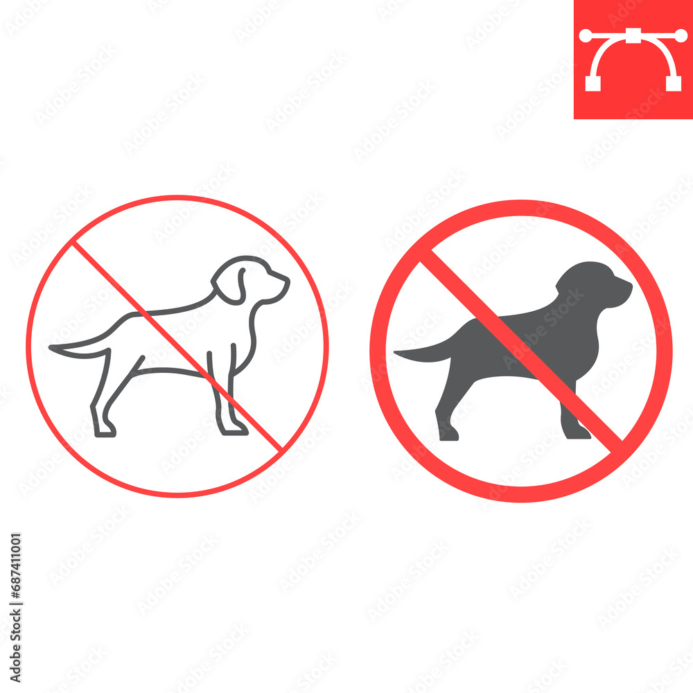 No dog line and glyph icon, prohibition and forbidden, no pets sign ...