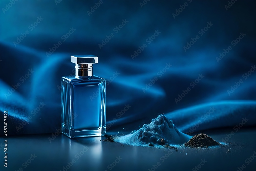 blue perfume flacon and coloroful blue pigment powder , cosmetic bottle ...