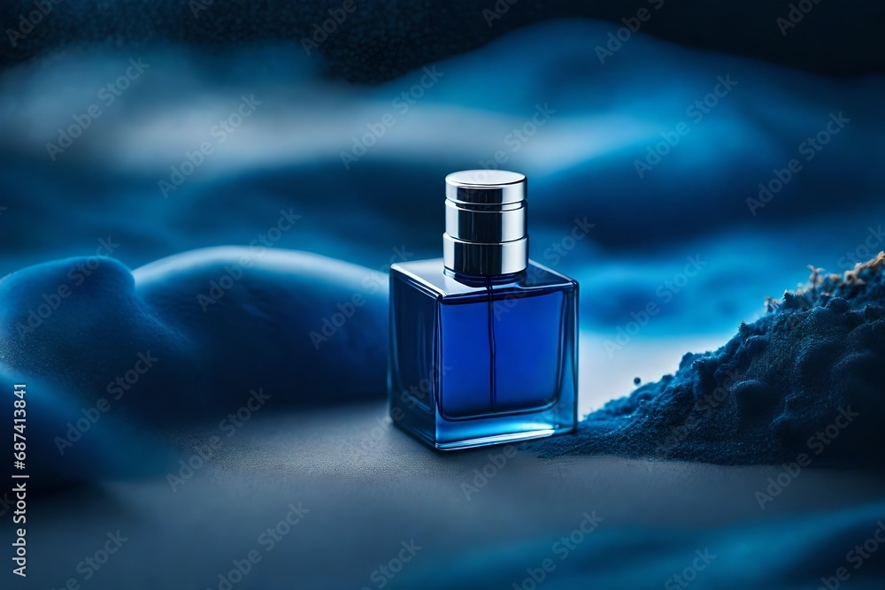 small square blue perfume flacon and coloroful blue pigment powder ...