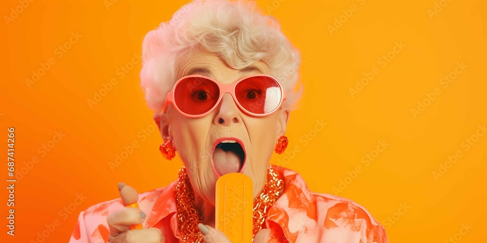 Ralistic miling grandma kissing a wooden spatula in front of an orange ...