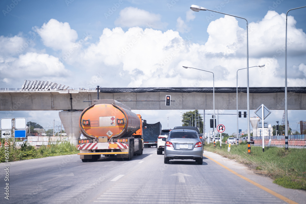Traffic jams on the road Traveling under a bridge under construction ...