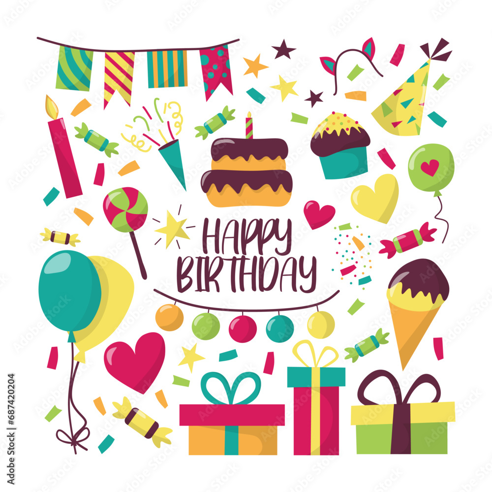 Happy Birthday items set. Flat style. Hand drawn vector elements for ...