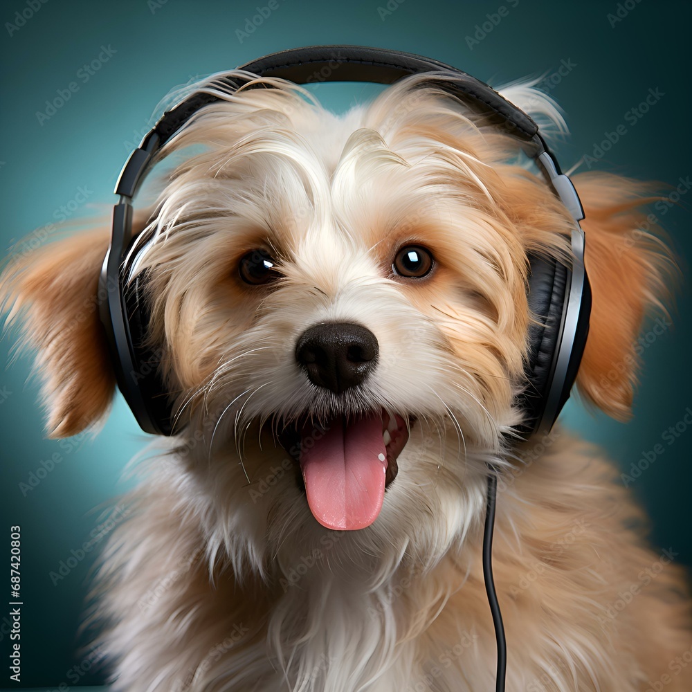 Cute and happy little dog in headphones looks into the frame on a blue ...