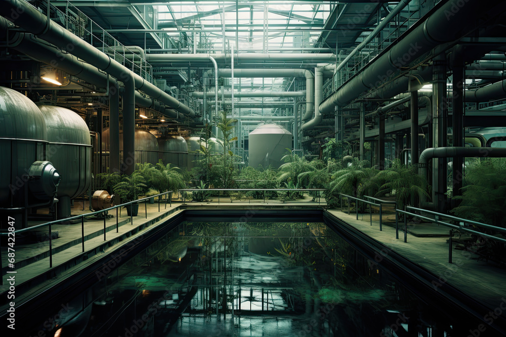 Inside of modern water cleaning facility at urban wastewater treatment ...