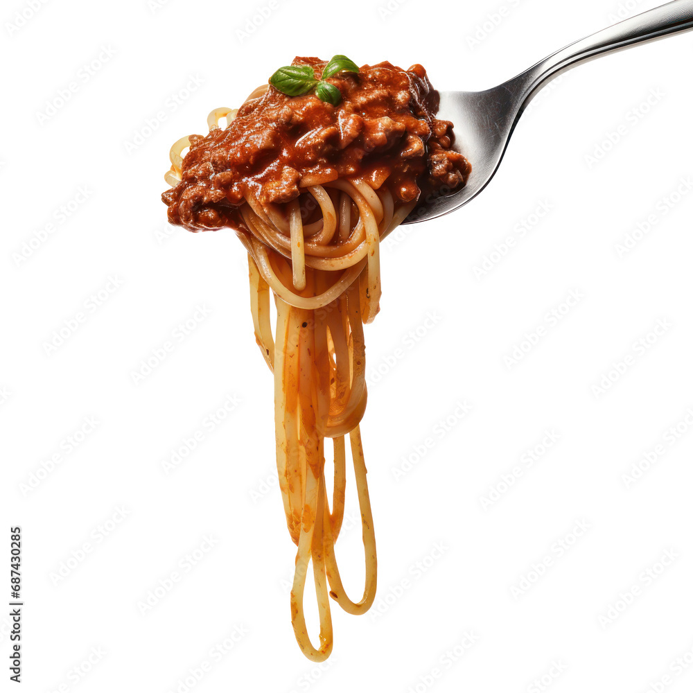 Spaghetti with sauce bolognese hanging on a fork isolated on ...