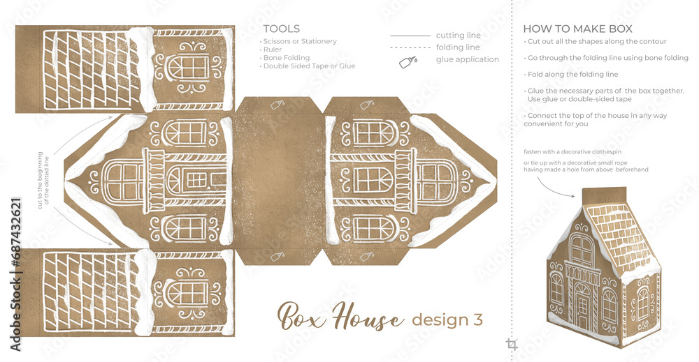 Christmas Gingerbread Village Paper House template. Vintage Printable ...