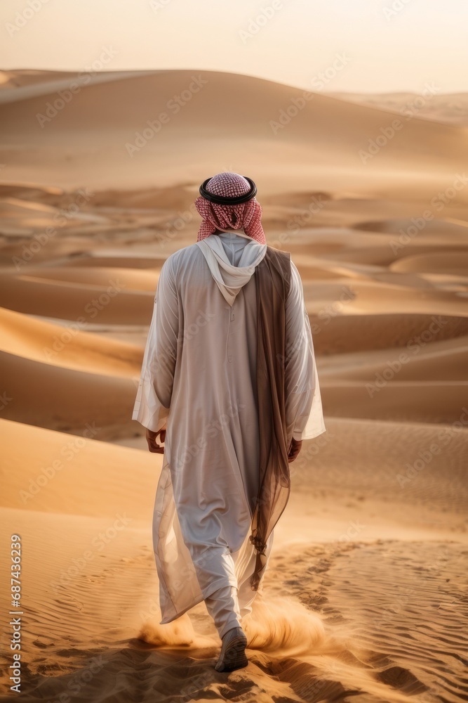 Rear view of a Muslim Arab man walking along Beautiful Sand dunes in ...