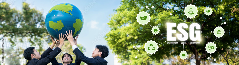 Group of business people promote environment awareness, holding big ...