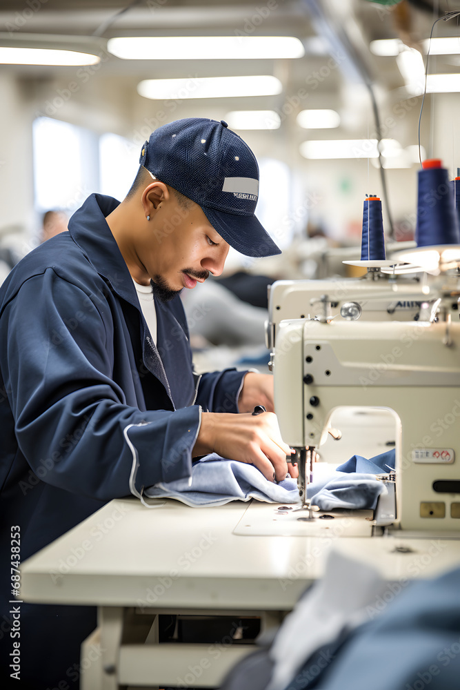 Skilled Man in Blue Suit Seamlessly Sewing at Factory Machine Stock ...