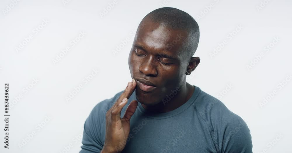 African man, toothache and mouth in studio, thinking or medical ...