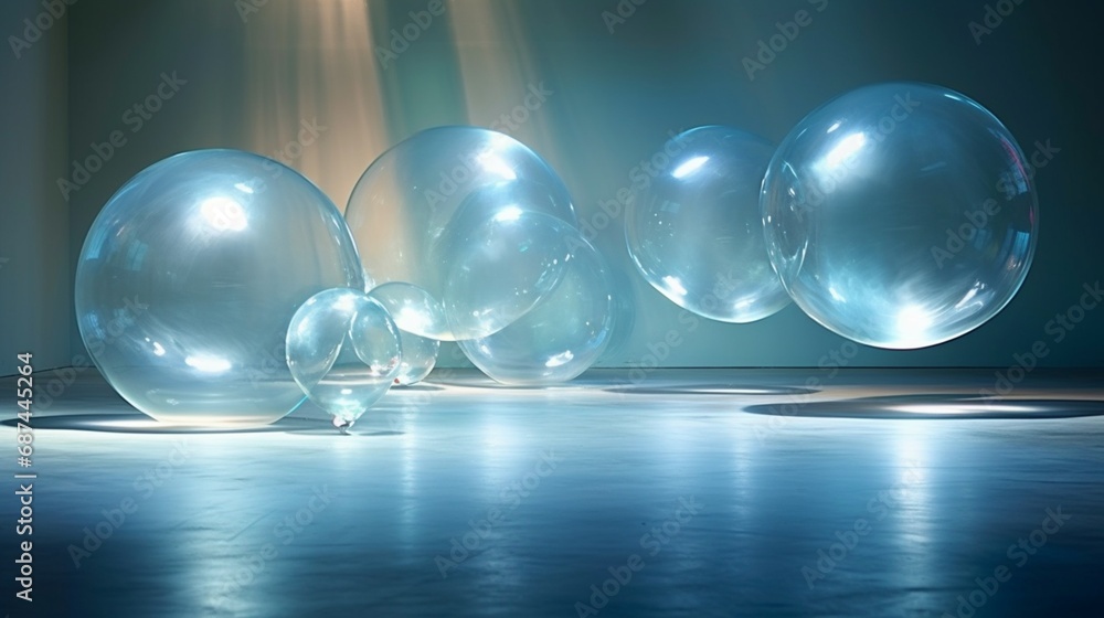 Translucent orbs of light floating in an abstract void, casting shadows ...
