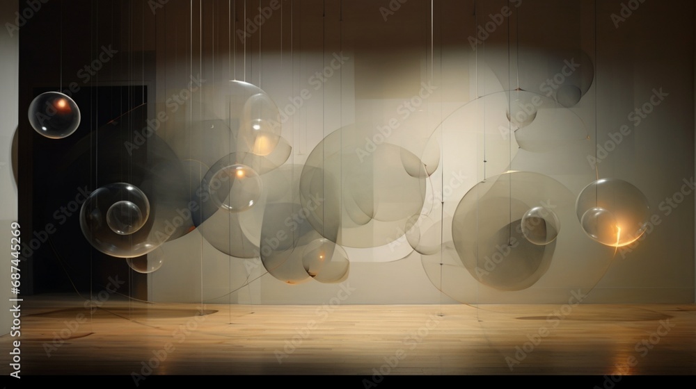 Translucent orbs of light floating in an abstract void, casting shadows ...