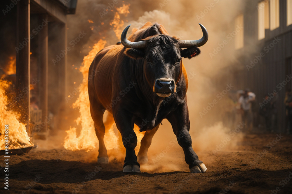 Snorting bull, flames coming from eyes and nose, dramatic lighting ...