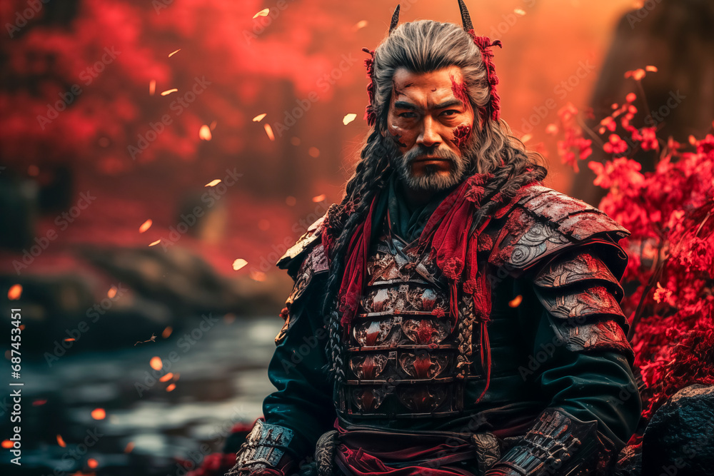 Guerrero Samurai con su atuendo de guerra y armadura, con katana en ...