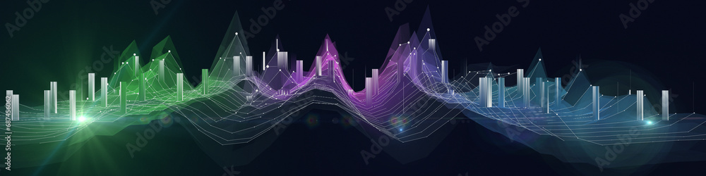 Abstract background color graph from chaotic polygons, dots and lines blurred on dark ...