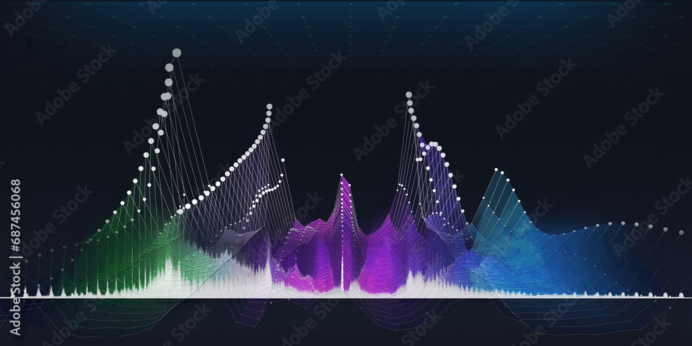 Abstract Background Noisy Wireframe Grid From Lines And Dots On Dark Technology Concept Data