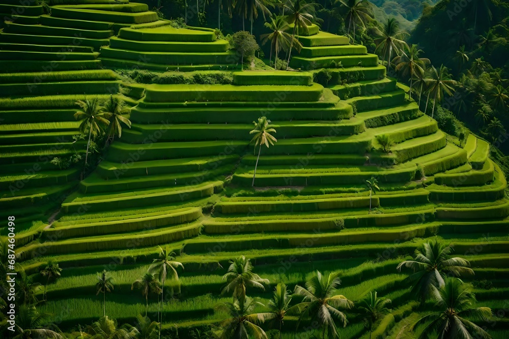 drone view of rice plantation in bali and plams tree. rice terraces ...