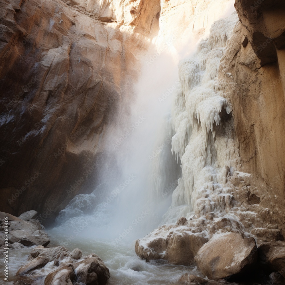 White atomized water from dripping water through overhanging ...