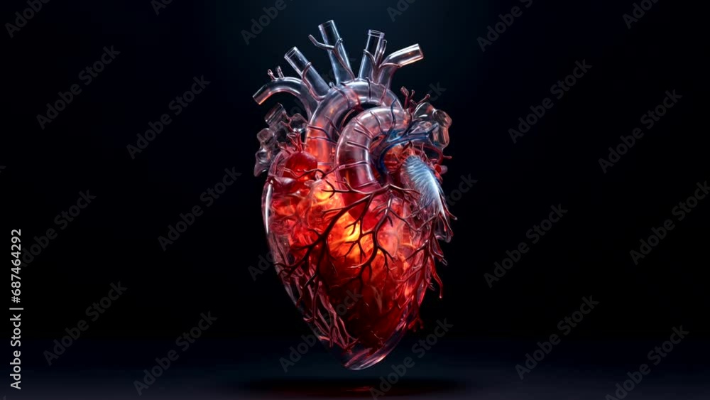 Artistic biological model of a beating heart on a black background ...