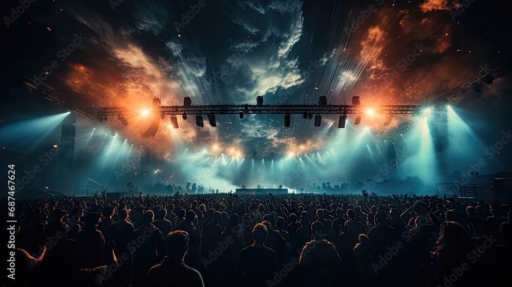 Epic Music Concert. Massive Crowd Dancing in Front of Stage with ...
